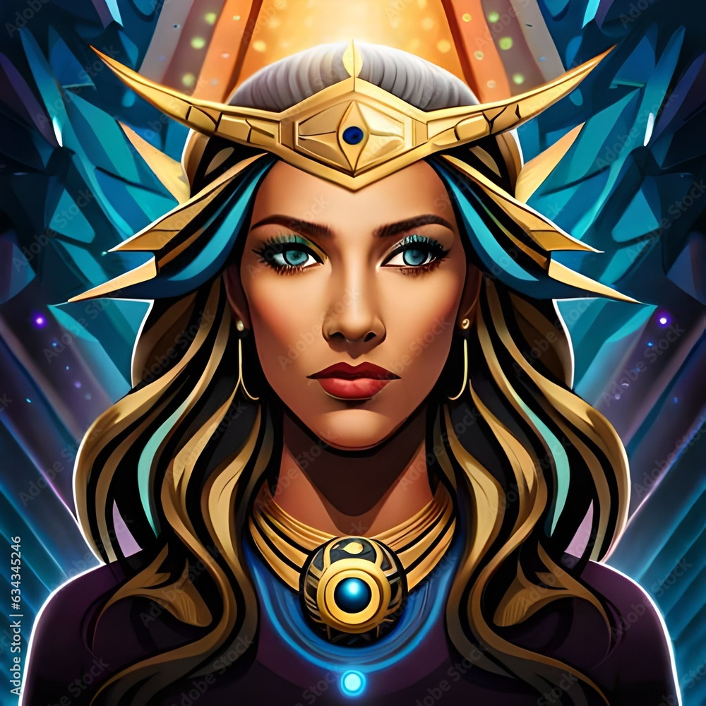 god queen with a gold crown on her head, seated on her throne with an ...