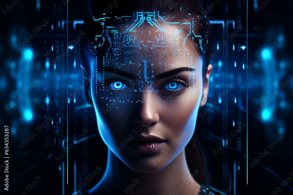 Generative ai collage photo of lady scanning face for entry in global ...