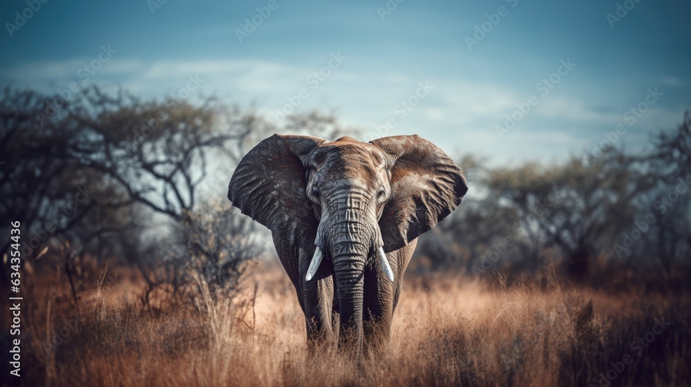 African elephant bull with long ivory tusks walking down dry savannah ...