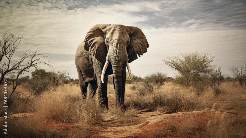 African elephant bull with long ivory tusks walking down dry savannah ...
