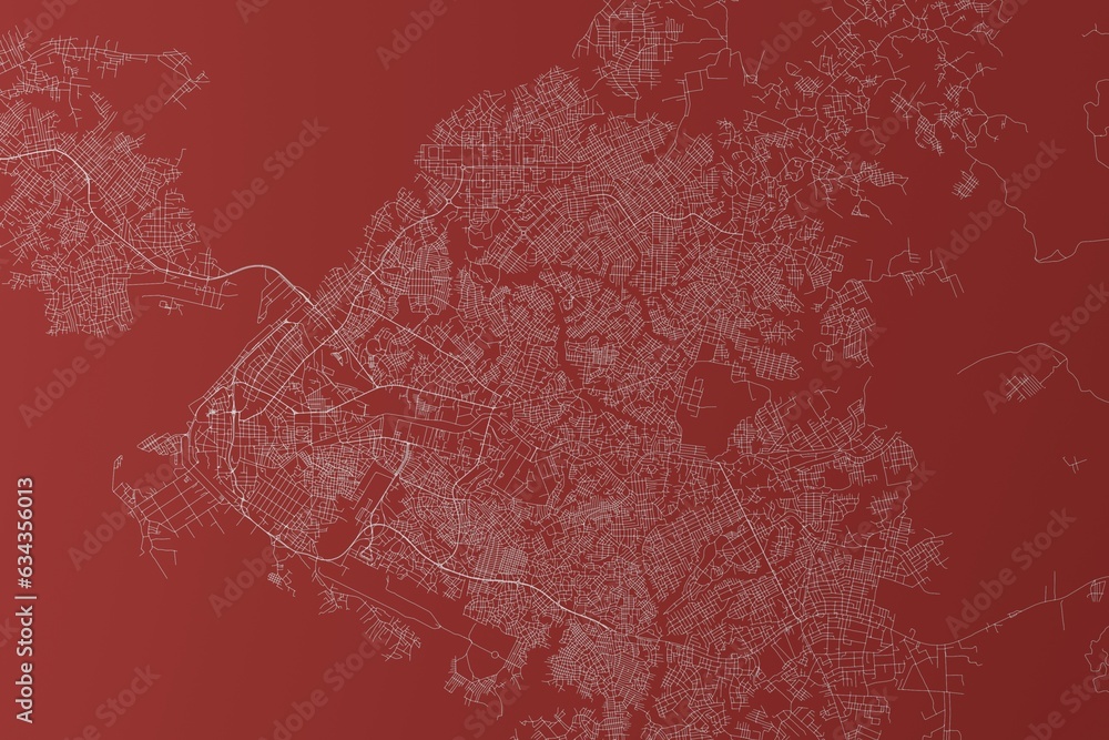 Map of the streets of Douala (Cameroon) made with white lines on red ...