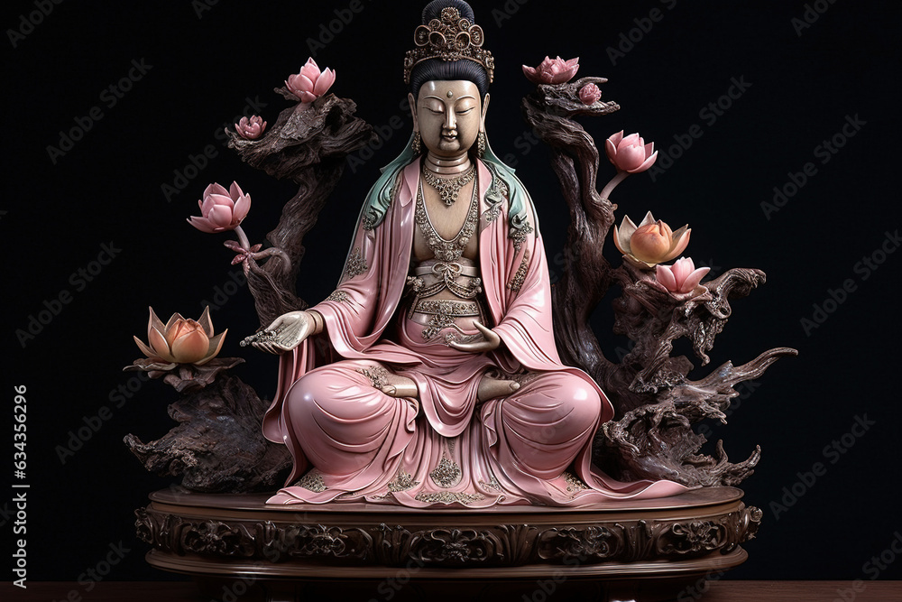 Guanyin Bodhisattva sitting on the lotus throne surround Stock ...