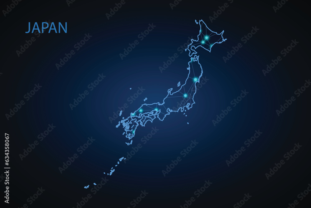Map of Japan. Wire frame 3D mesh polygonal network line, design sphere ...