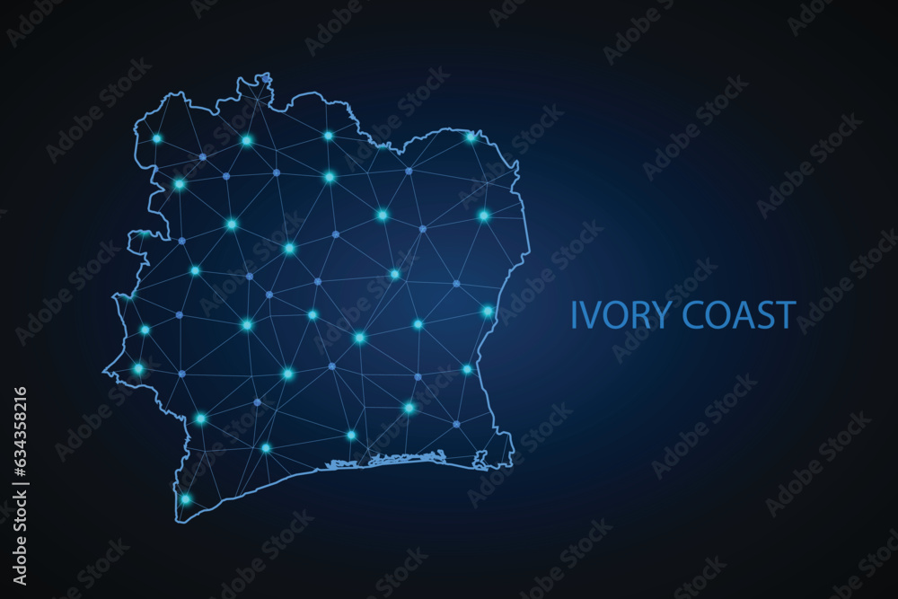 Map of Ivory Coast. Wire frame 3D mesh polygonal network line, design ...
