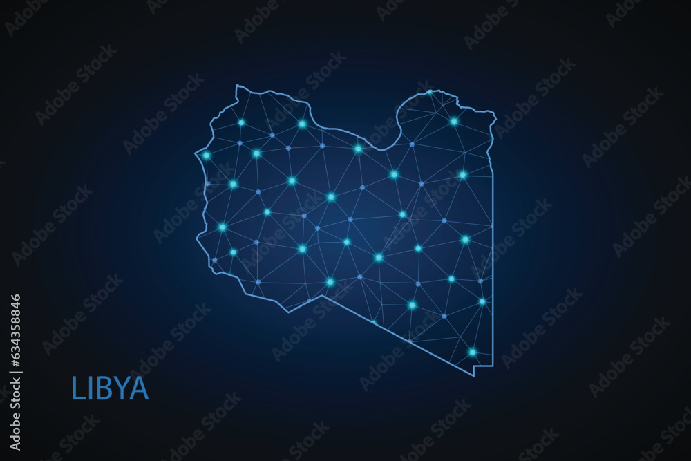 Map of Libya. Wire frame 3D mesh polygonal network line, design sphere ...