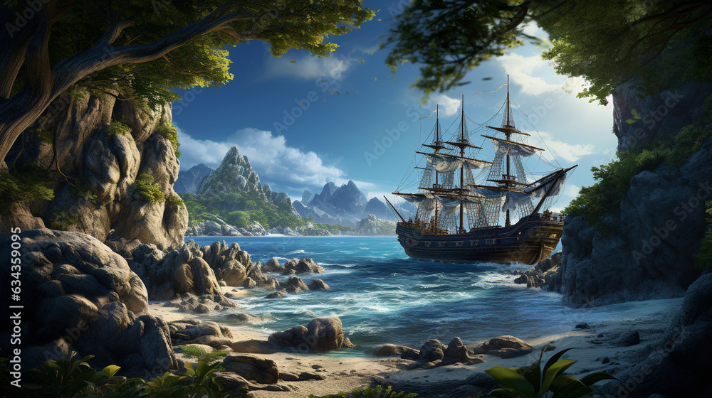 Pirate's Cove: A hidden cove with a pirate ship at anchor, surrounded ...