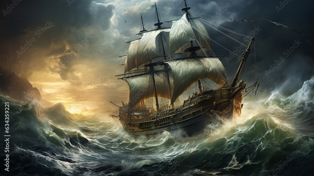Stormy Waters: A ship battling through stormy waters, with towering ...