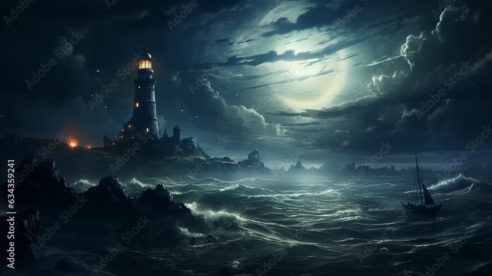 Lighthouse Watch: A ship passing by a towering lighthouse at night, its ...