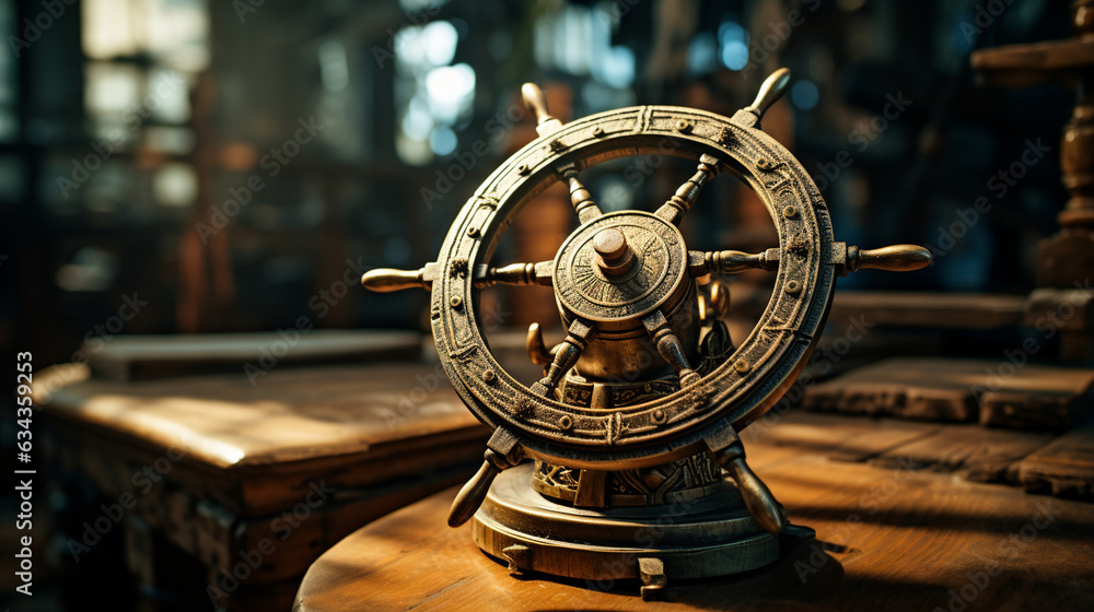 Ship's Helm: A close-up of the ship's helm, with a worn wooden wheel ...