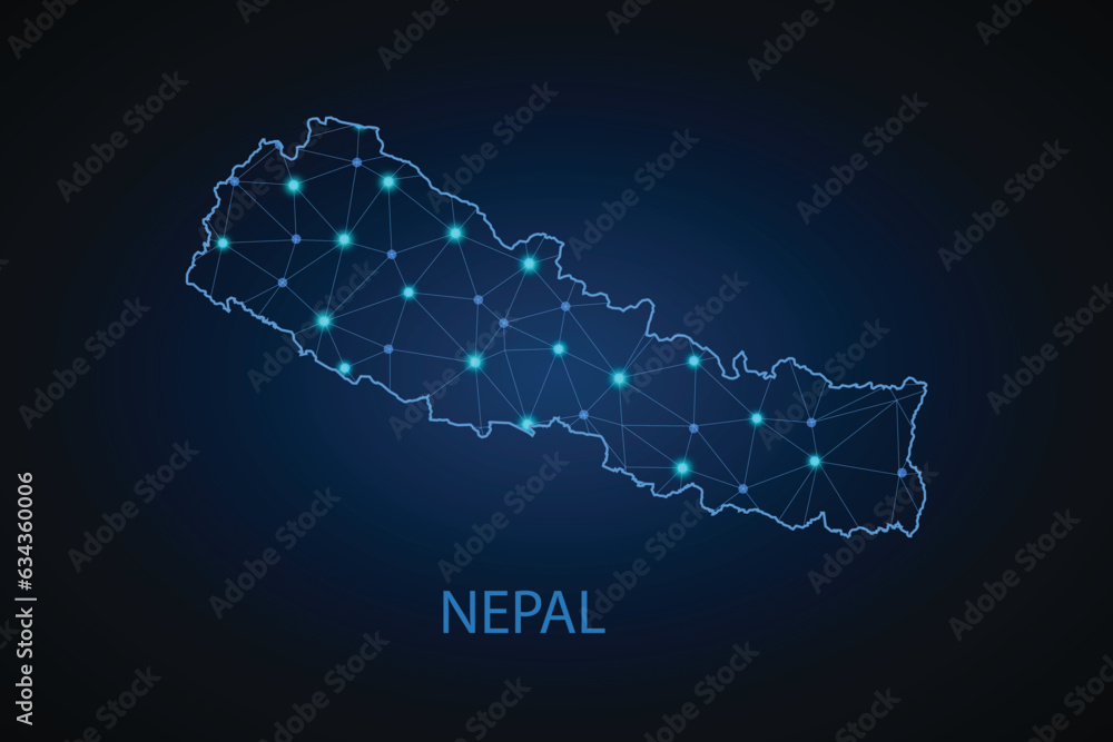 Vetor de Map of Nepal. Wire frame 3D mesh polygonal network line ...