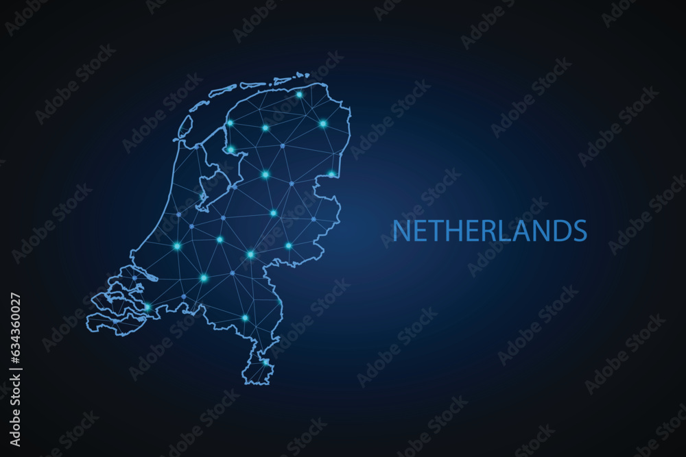 Map of Netherlands. Wire frame 3D mesh polygonal network line, design ...