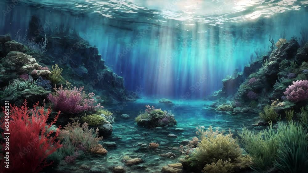 Serene underwater background with tropical colorful marine plants and ...