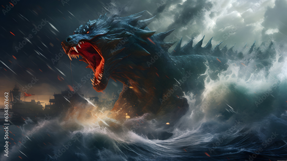 Intense kaiju like lizard monster in a violent ocean storm with thunder ...