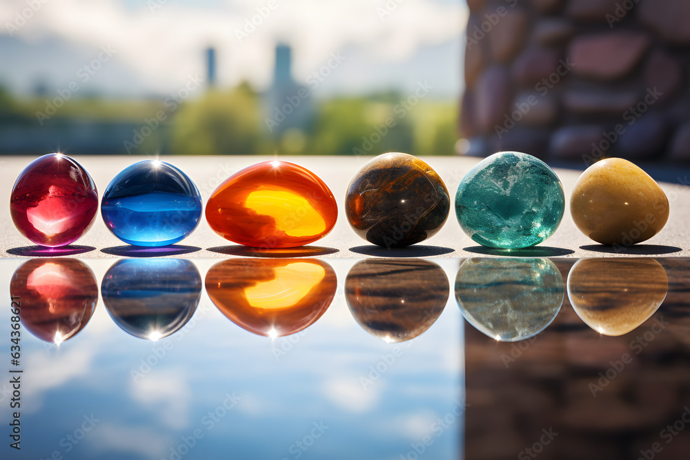 A set of chakra stones on a reflective surface capturing their colors ...