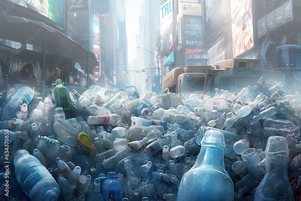 Exaggerated futuristic view of a city street overfilled with plastic ...