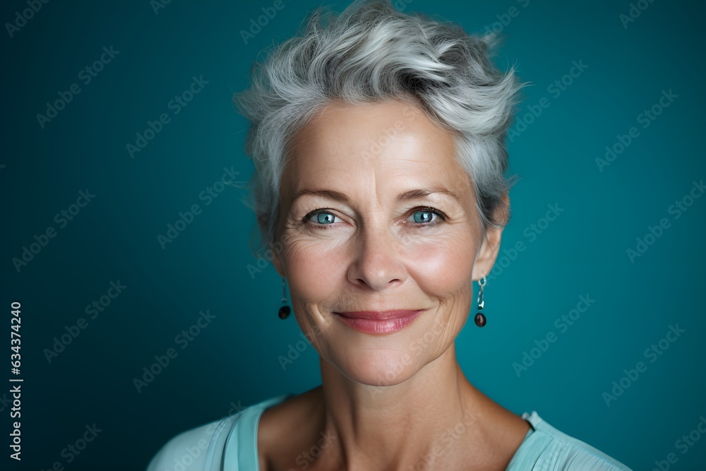 adult attractive woman smiling, about 50 years old on a plain ...