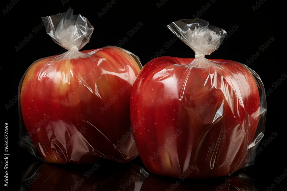individual red apples wrapped in plastic isolated on plain black studio ...