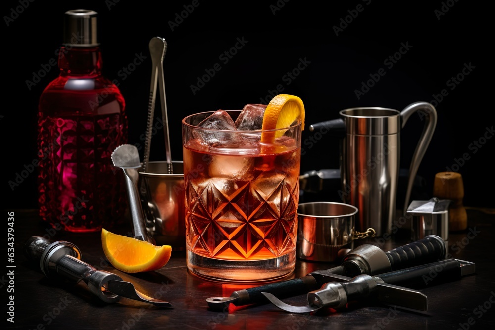 Adonis alcoholic cocktail drink with sherry and red vermouth, black bar ...