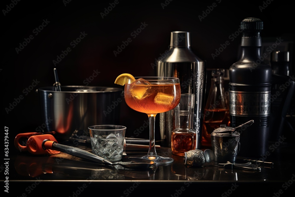 Adonis alcoholic cocktail drink with sherry and red vermouth, black bar ...