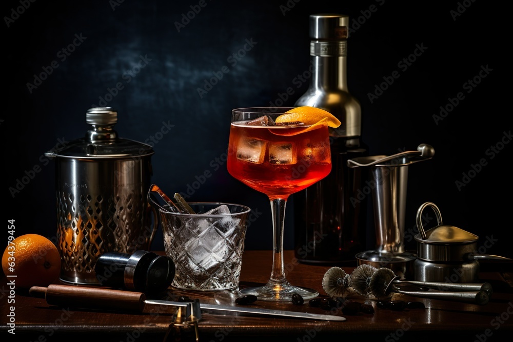 Adonis alcoholic cocktail drink with sherry and red vermouth, black bar ...