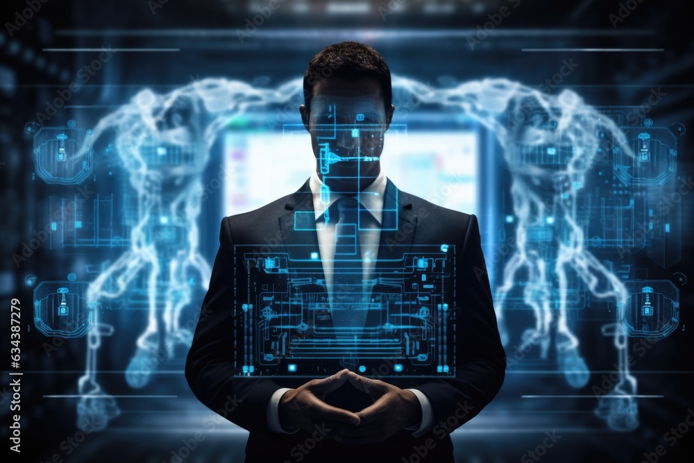 World, tablet and overlay with a business man using an ai or ux ...