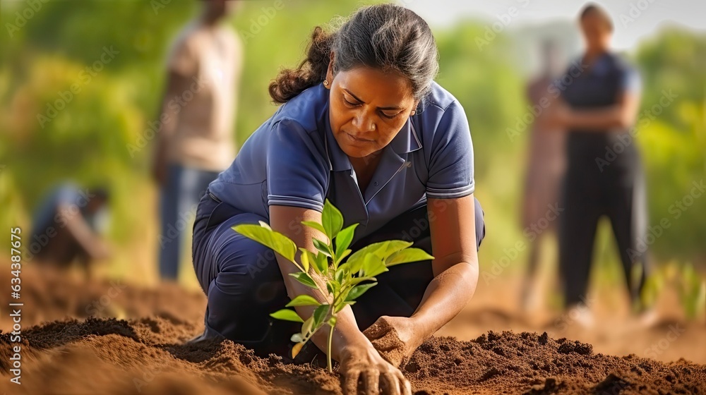 A 40-year-old adult Aboriginal woman planting a small bush, dressed in ...