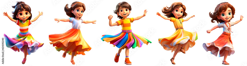 Set happy cute girls dance 3D render character cartoon style Isolated ...