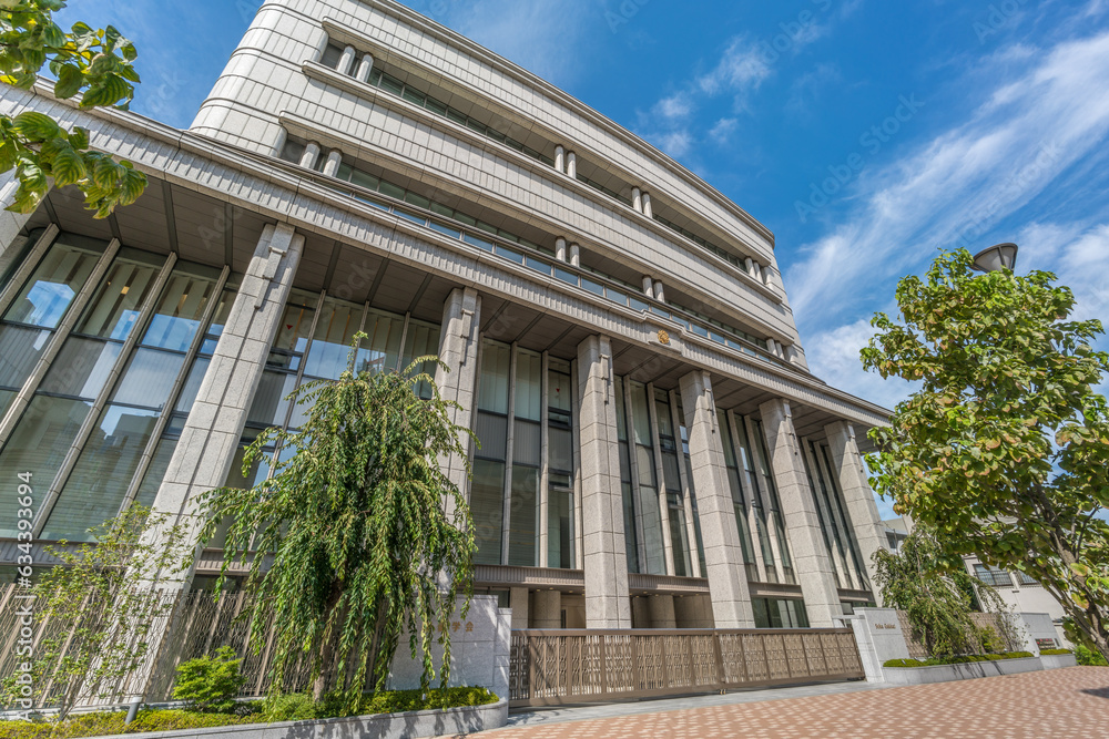Tokyo - August 30, 2018 : Exterior of Soka Gakkai building. Hall of the ...