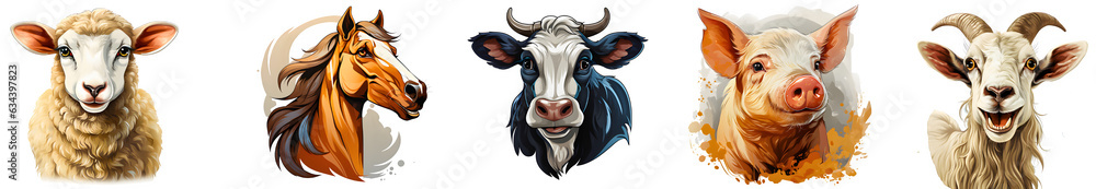 Cartoon image of five farm animals, Goat, Cow, Horse, Sheep, Pig ...