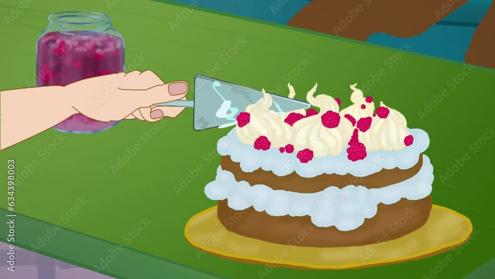 POV cutting birthday cake with whipped cream and merengues. Raspberry ...