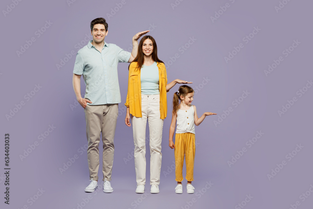 Full body young happy parents mom dad with child kid daughter girl 6 ...