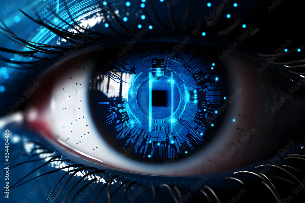 beautiful robotic blue eye with hud interface and lines of code around ...