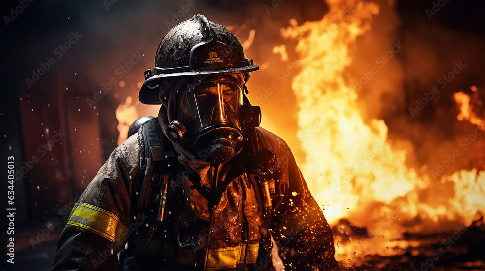 Fireman using water and extinguisher to fighting with fire flame in an ...