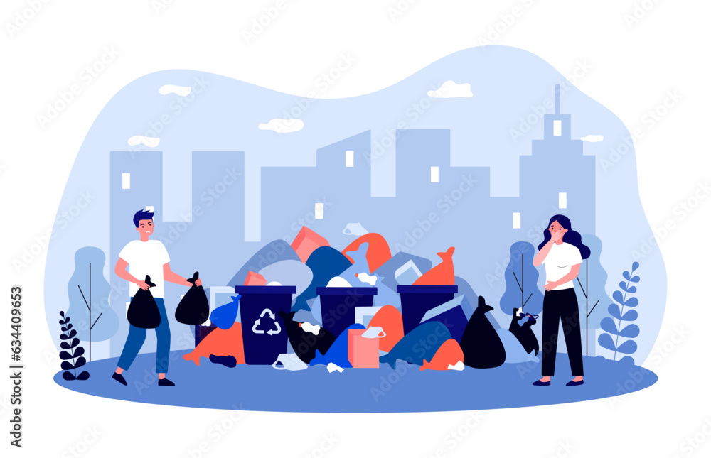 People next to pile of trash on street vector illustration. Cartoon ...