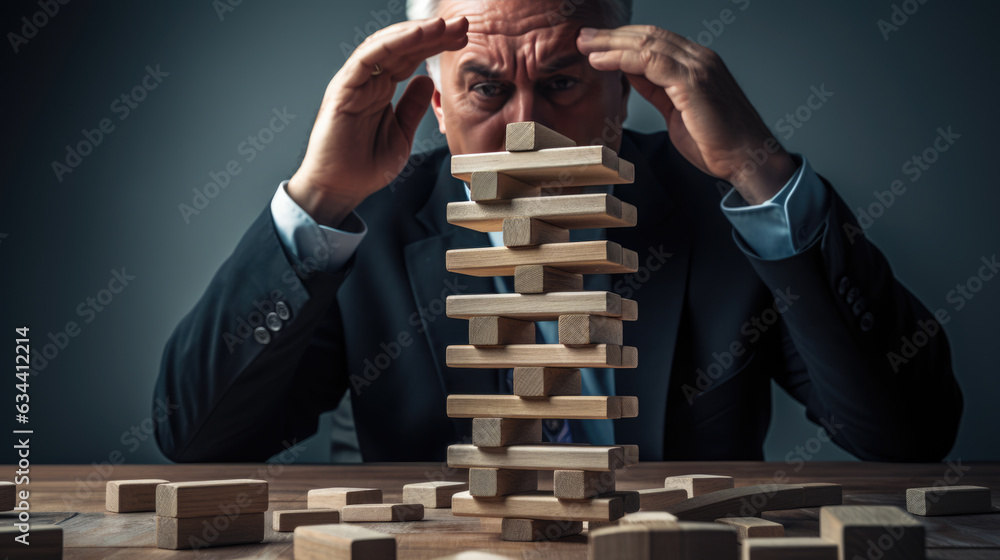 Businessman building the model of business, made from wood blocks ...