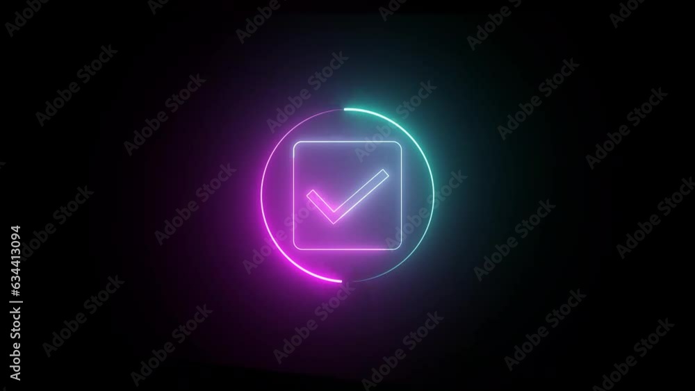 Glowing Check Mark Symbol Animation .Drawn by Neon Light on Black ...