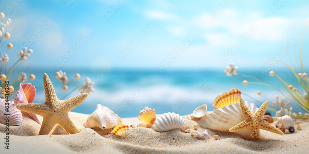 Sea sand beach mockup with seashells, starfish at seaside with sea ...