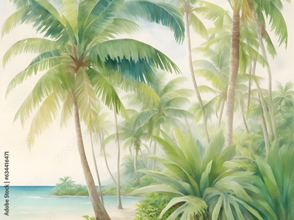 watercolor illustration oil painting of green tropical coconut palm ...