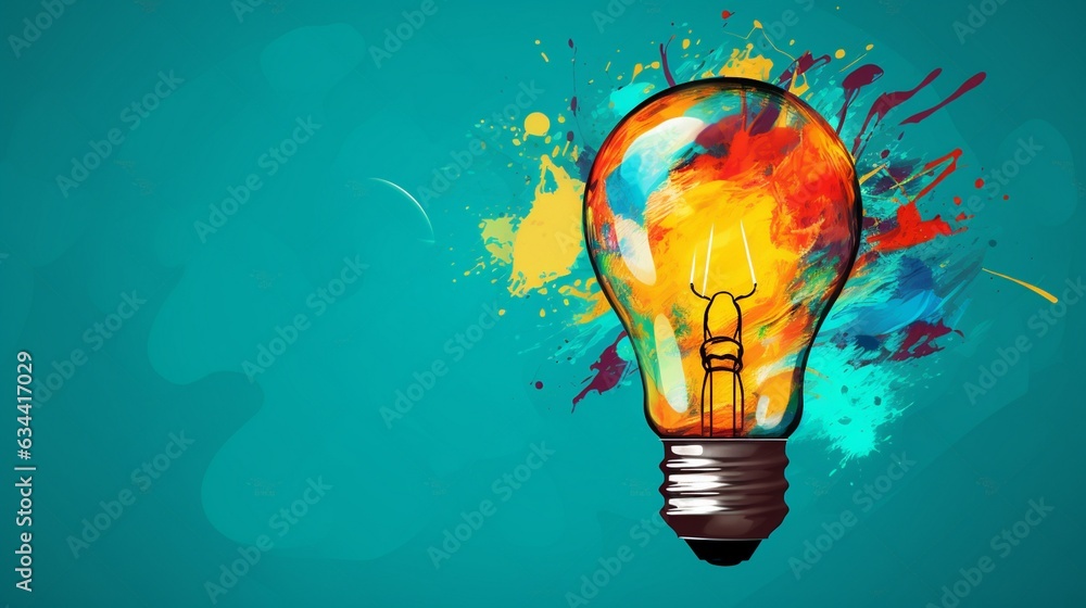 Big stylized light bulb on cyan background drawn with splashes of ...
