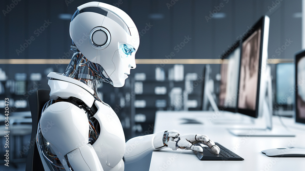 A white AI robot assistant mascot working in front of blank computer ...