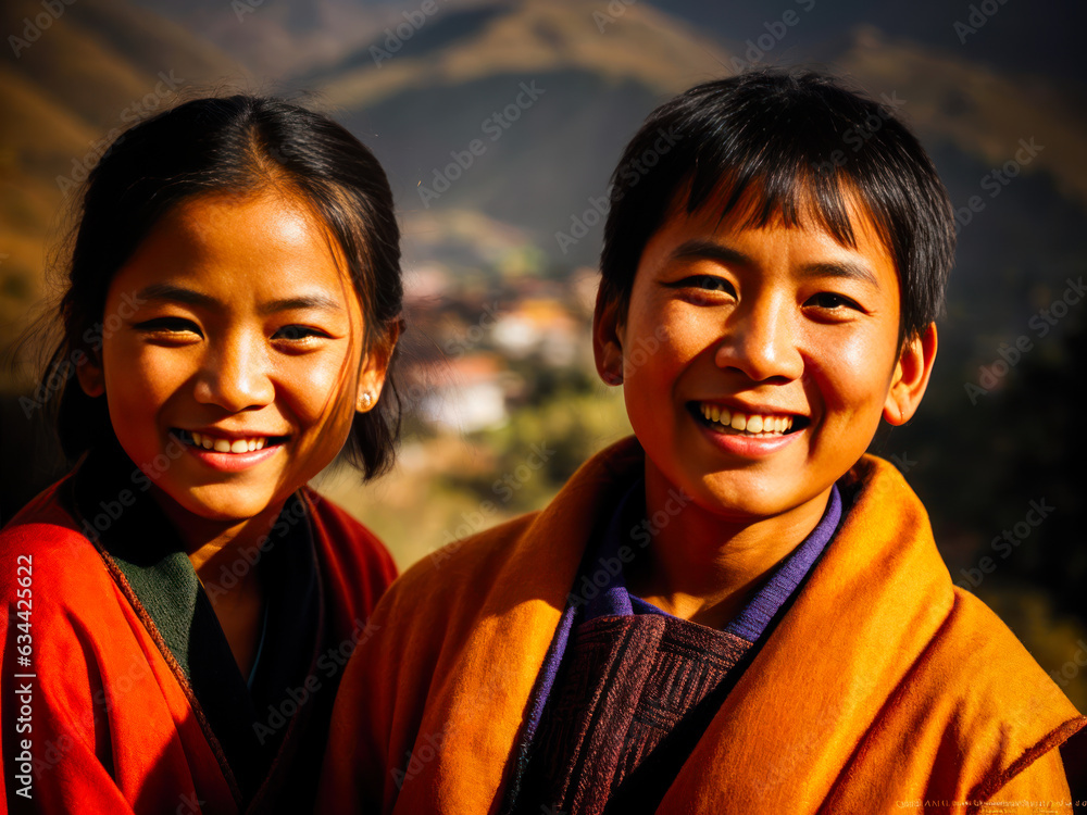 Tibetan children with a cheerful smile wearing a bright a traditional ...