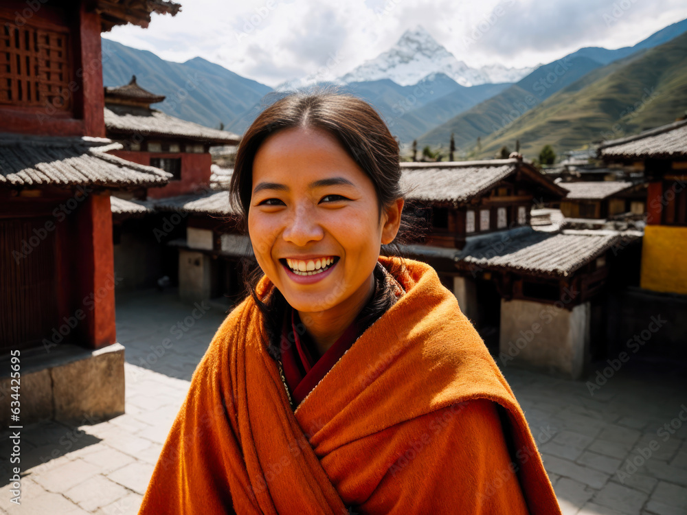 Tibetan children with a cheerful smile wearing a bright a traditional ...