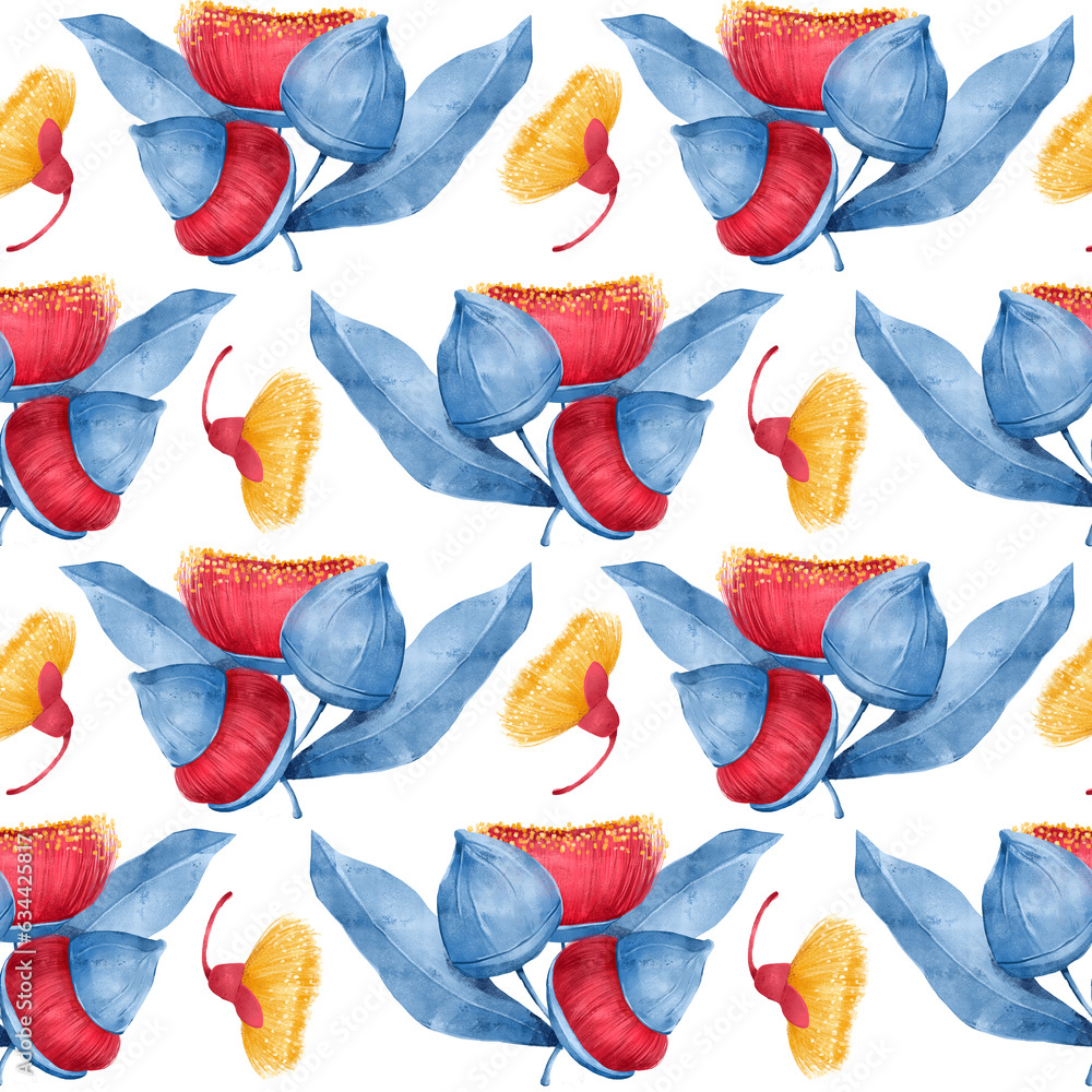 Australian eucalyptus red flowers and leaves seamless pattern. Tropical ...