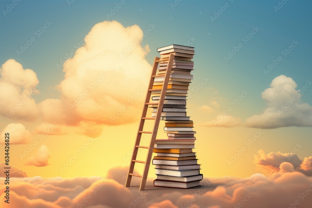 Abstract book stack with ladder on sky with clouds background. Ladder ...