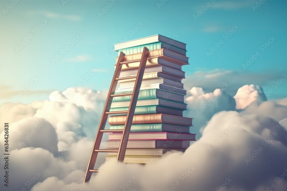Abstract book stack with ladder on sky with clouds background. Ladder ...