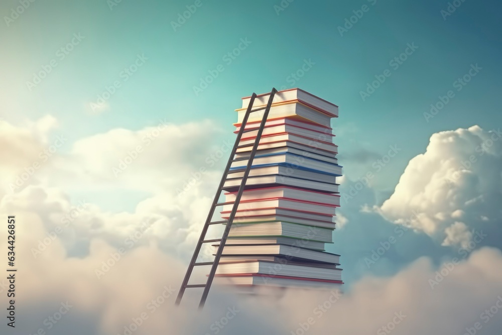 Abstract book stack with ladder on sky with clouds background. Ladder ...