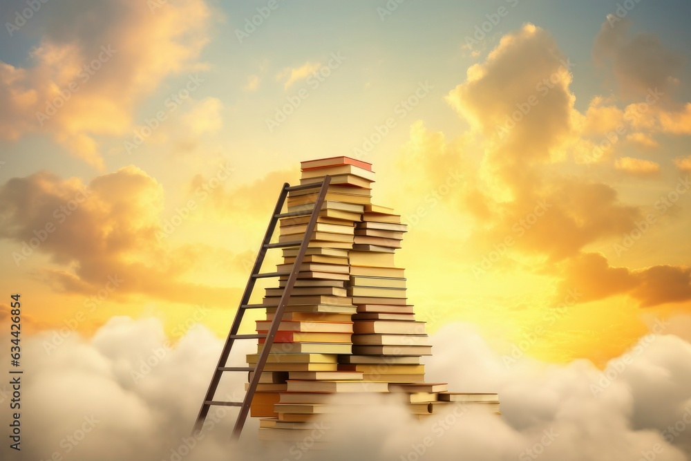 Abstract book stack with ladder on sky with clouds background. Ladder ...