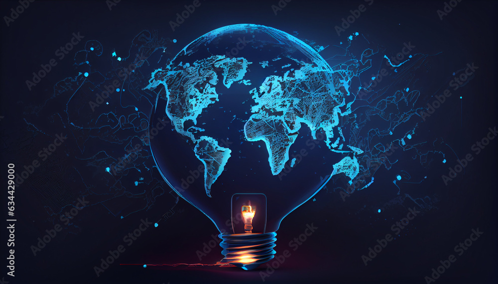 Abstract illustration incandescent bulb on world map in blue color on ...