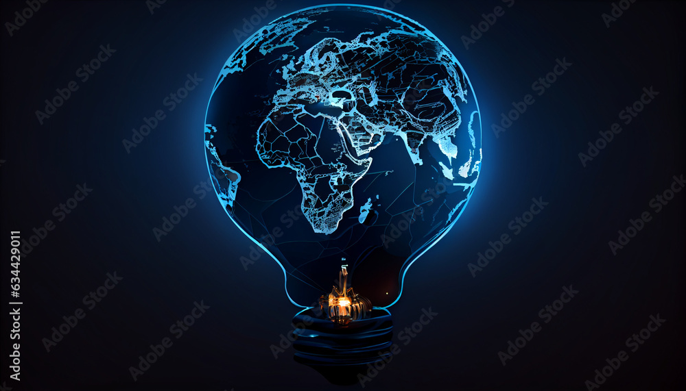 Abstract illustration incandescent bulb on world map in blue color on ...