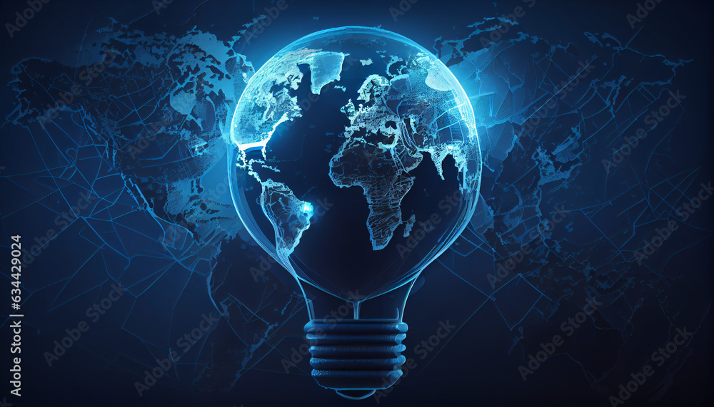 Abstract illustration incandescent bulb on world map in blue color on ...